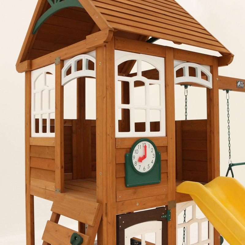 KidKraft McKinley Wooden Swing Set Playset with Clubhouse Mailbox Play Kitchen and Slide Brown Black